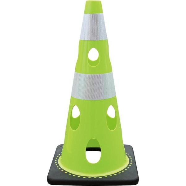 倒れづらい・流されづらい穴あきコーンです！ 風の力を受け流し、倒れにくい設置ができます。水流の影響を受けにくいので豪雨による冠水でも流されにくいです。柔軟性に優れていて割れ中を目視しやすいため不審物等の確認、テロ対策としても有効です。従来品...