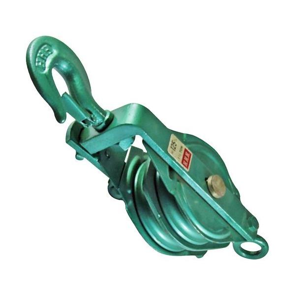 ＨＨＨ強力・堅牢な滑車。フック型は特殊鋼鍛造で、外れ止めが付いているので安全です。使用荷重：動滑車／１．５(トン)　定滑車／０．７５(トン)車径：１２５ＭＭ　溝幅：１６ＭＭ