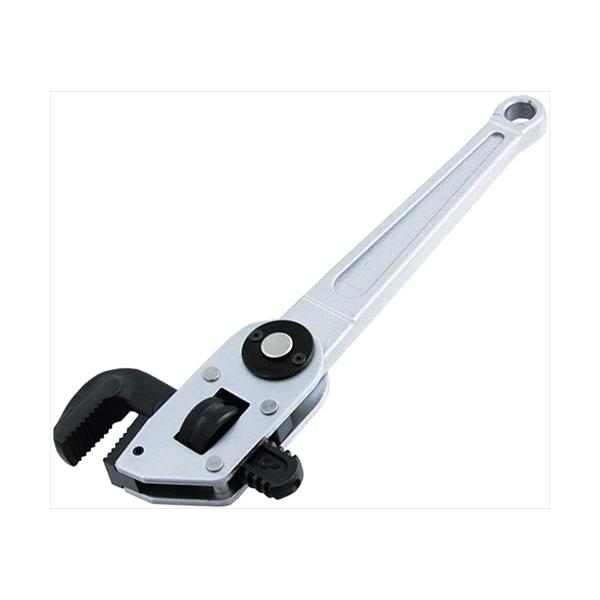 狭い箇所や奥行きのない箇所でのパイプの締め緩めに便利。頭部の角度（９段階１８０°）が変更可能。使用場所に合わせてコーナーパイプレンチ形状からオフセット型パイプレンチ形状まで変形できるので便利です。本体（ハンドル）はアルミニウム製なので軽くて...