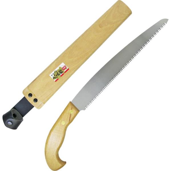 樹木、果樹の剪定に！昔ながらの鞘入・木柄剪定鋸ですが、鋸刃は本職にも満足頂けますよう生木に最適な目立てを施してあります。腰に吊り下げできるサヤ付きなので携帯に便利です。刃渡り：約270mmグリップ、サヤ材質：木本職用