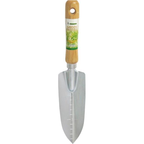 移植鏝は、植物の植替え、寄植え作業に使用するショベル・スコップです。目盛り付きのなので土の深さを計測できます。木柄の風合いがやわらかい。細幅タイプのため、植替えに最適です。