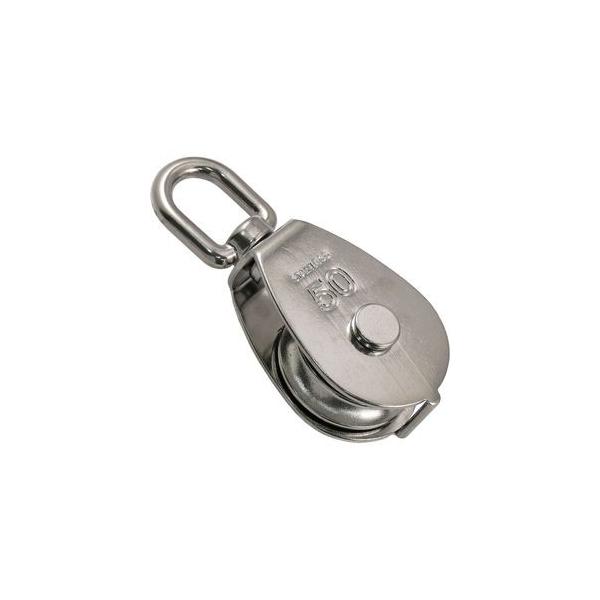 ひめじやA＝５４ＭＭ B＝２８ＭＭ C＝２１ＭＭ Ｄ＝８ＭＭ L＝１３０ＭＭ 使用ロープ径＝Φ１４ＭＭ車径＝５０ＭＭ 車数＝一車 車溝巾＝１４ＭＭ使用荷重 ２４０ＫＧロープを通して、荷物の吊下げや引っ張る作業に使います。アイの部分が回転する...