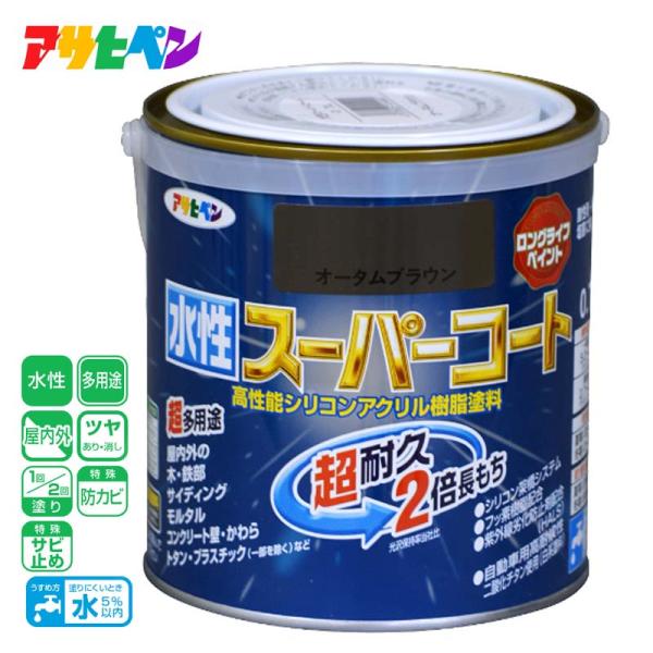 アサヒペン●特殊フッ素樹脂、シリコンアクリル樹脂のシリコン架橋システム及び紫外線劣化防止剤（ＨＡＬＳ）の相乗効果により、汚れにくく、耐久性が格段に優れた高性能塗料です。●白系塗料には自動車用塗料にも使用されている高耐候性二酸化チタンを使用し...