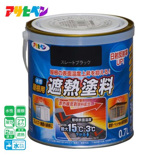 アサヒペン●特殊顔料により太陽光の赤外線を反射し、従来の同じ色の塗料に比べて屋根の表面温度の上昇を抑えます。●従来塗料に比べ、高い遮熱効果により塗膜の熱による劣化を防ぎます。●シリコンアクリル樹脂、紫外線劣化防止剤（ＨＡＬＳ）配合により、耐...