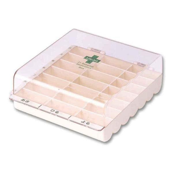 1週間分のお薬を1日3回分に整理できるお薬ケースです。一度に何種類ものお薬を服用される方におすすめです。お薬の飲み忘れ防止になります。小さなお薬も取り出しやすい丸み帯びた形状になっています。引き出しの中にも収納できるサイズです。高さのあるフ...