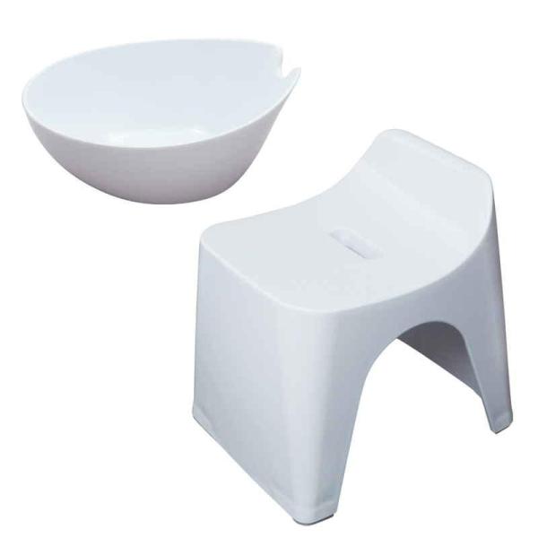 体を包み込むような安定感のある座り心地 空気が通る通気性のよい形状 手に馴染んで使いやすい湯おけ 必要な物が揃うバスグッズ2点セット 凹凸のない鏡面加工でお手入れ簡単【仕様】商品サイズ：風呂イス/約幅28×奥行34×高さ34.5cm、座面高...