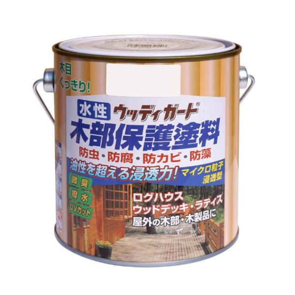 【特長】マイクロ粒子浸透型の新しい水性木部保護塗料です。木材に浸透して内部から木の腐食を防ぎます。防虫・防腐・防かび・防藻効果に優れています。耐光性に優れたマイクロ粒子浸透型顔料の採用で、木目がよりくっきりキレイな仕上がりになります。紫外線...