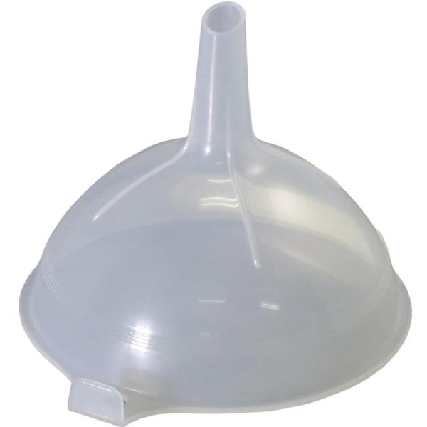 容器に液体などを注ぎ入れる時に便利なジョーゴです。半透明なので注いでいる状態が確認できます。ご注意：漏斗を火のそばに置くと変形・破損の原因になります。注ぎ口寸法：約120mm材質：ポリプロピレン耐熱温度：120°
