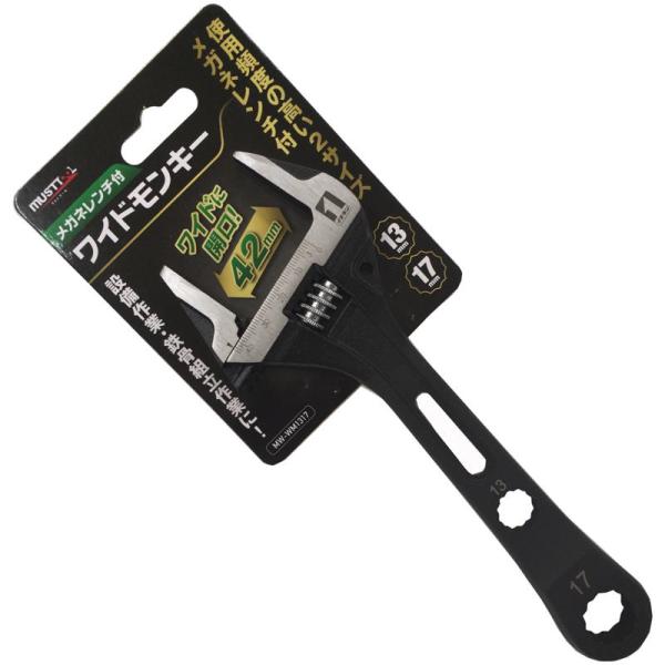 足場クランプ設置や鉄骨建て時のボルトナットの取付け取り外しに。モンキー開口3mmから最大42mmのワイド開口。組立作業に最適な13mm・17mmのメガネレンチ付き。落下防止コード取付け穴付き。コーティング:燐酸マンガン・クロームメッキ