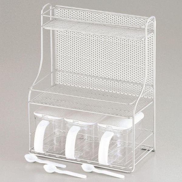 ●棚は小物もおけるパンチングプレートです●砂糖や小麦粉などを入れるのに便利な調味料ポット3個付●欲しい所にスパイスなどの調味料をひとまとめにスッキリ収納。ゴムのストッパーでぐらつきません●製品サイズ（約）／285×160×365mm●製品重...