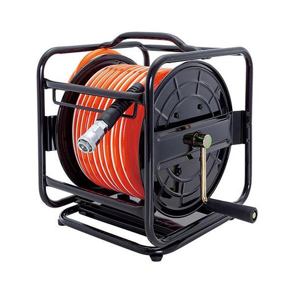大流量8.5mm太いホースの回転台付きエアリール25m巻きです。【用途】空圧工具とコンプレッサーとエアー源との配管接続、長尺の圧縮空気用エアホースの巻取り収納。【特徴】工具が能力を十分に発揮できるエアー流量を供給できる8.5mm内径太径ホー...