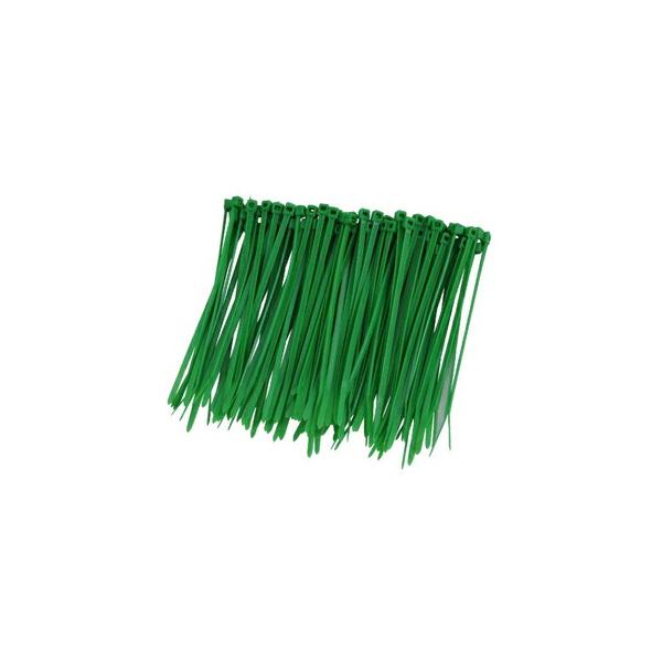 【用途】結束。【機能・特徴】添え木・垣根・支柱の固定等に最適です。インシュロックタイプです。【仕様】●幅：2.5mm。●長さ：100mm。●引張強度：8kgs。●色：グリーン。●入数：100本。【材質】●ナイロン66。【注意事項・その他】本...