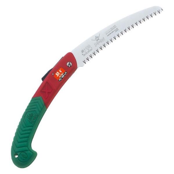 SAMuRAiブランドの神沢精工の特許曲刃鋸。山林、造園、果樹、仮枠に。一般的な直線刃の鋸は木に押さえつけながら、手元に引っ張って切りますが、曲刃の形状軽く木に当てて引くだけで刃先が木に次々と食い込みます。曲刃のどの位置で木を切っても同じ労...