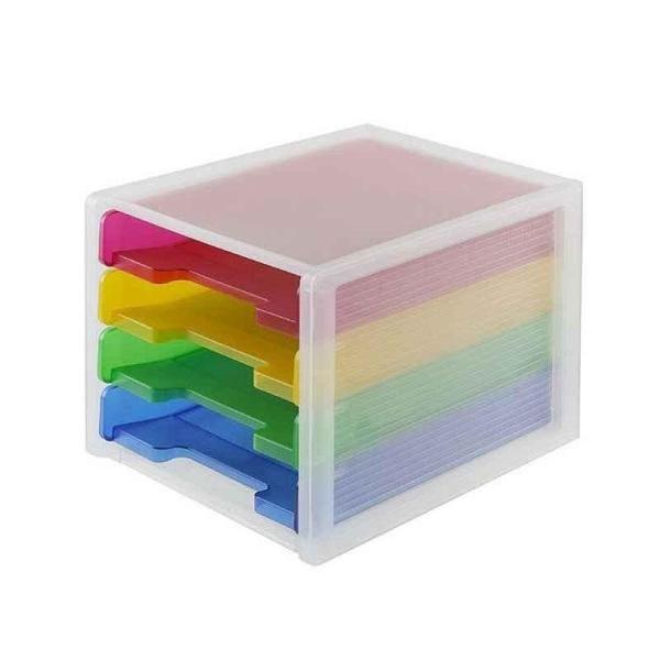 4段引き出しタイプ！A4サイズの書類トレー 引き出せるから奥まで見やすく、取り出しやすい 安心の引き出し落下防止ストッパー付き カラー違いの引き出しだから色別で分類収納も【仕様】商品サイズ：本体外枠/約幅27.5×奥行34×高さ26（cm）...