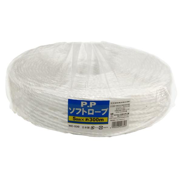 強度が抜群、擦り切れにも強く丈夫 縛りやすく、手が痛くならない 3本の紐をロープ状に撚り合わせ溶着加工してあり、バラけず使いやすい。【サイズ】幅(mm):5 長さ(m):300【材質】ポリプロピレン