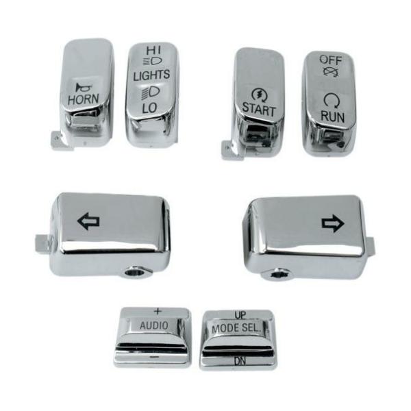 【適合】1996〜2009 FLHT/C、FLHX ※クルーズコントロール装着車は不可  【商品説明】ハンドルコントロールのスイッチをクロームにグレードアップ。標準装備ブラックキャップと交換します。純正71803-03相当品SWが外側にスラ...