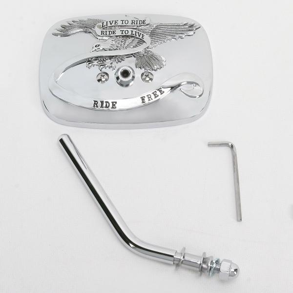 【適合】汎用品・左用【商品説明】LIVE TO RIDE RIDE TO LIVE の文字とアメリカンイーグルが浮き彫りされた、ゴージャスなミラー。アメリカンクルーザーにベストマッチします。ハウジングはアルミダイキャスト製。貫通式のミラーマ...