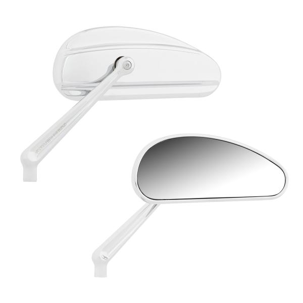 【商品説明】ハーレー用のアルミ製ミラーセットです。横長タイプのやや下向きな流線形シェイプ。モダンですがバイクに溶け込む落ち着きのあるデザインです。ミラーヘッドとステムはビレットアルミニウム製。鍛造成形されています。ゴージャスなクロームフィニ...