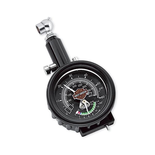 【商品説明】ハーレーをはじめ、モーターサイクル用のタイヤ溝ゲージ付タイヤ空気圧ゲージです。ダイヤフラムは耐久性に優れ、正確に計測出来ます。使用後は空気抜きバルブを押せば内部の圧を逃がせます。空気圧メモリは0-60PSIと0-400KPaで、...