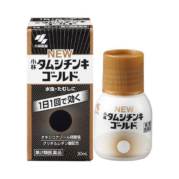 「小林製薬　ニュータムシチンキゴールド　30ml」は、水虫・たむしにハケ付で直接患部に塗りやすい医薬品です。1日1回で効きます。■メーカー　小林製薬■区分　医薬品/医薬品分類/第2類医薬品■関連　みずむし/いんきんたむし/ぜにたむし【ご注意...
