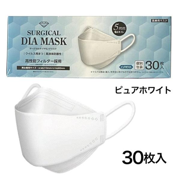 ダイヤモンド立体構造のマスク　医療用JIS規格取得「サージカルダイヤモンドマスク　ピュアホワイト　30枚」は、ダイヤモンド立体構造で口元とマスクの接触による不快感やメイク崩れを軽減します。隙間を軽減するVカットデザイン+フィット感を高めるた...