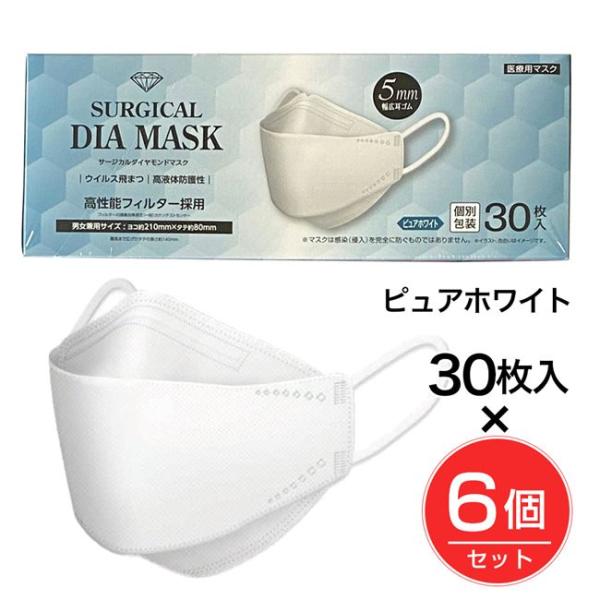 ダイヤモンド立体構造のマスク　医療用JIS規格取得「サージカルダイヤモンドマスク　ピュアホワイト　30枚」は、ダイヤモンド立体構造で口元とマスクの接触による不快感やメイク崩れを軽減します。隙間を軽減するVカットデザイン+フィット感を高めるた...