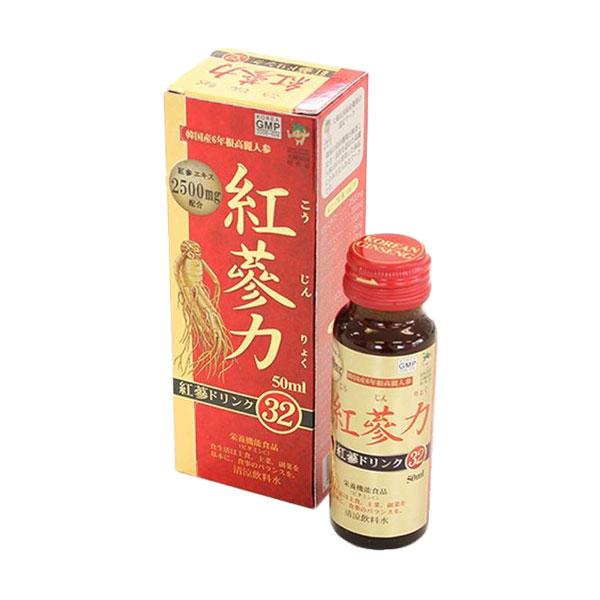 「高麗貿易　紅参力ドリンク32　50mL」は、厳選された最高級韓国産6年根高麗紅参を濃く煎じた濃縮液に甘草、L-カルニチン、ビタミンCなどのビタミン類を添加して造ったドリンク製品です。1本50?に、6年根紅参濃縮液 2,500mg配合(紅参...