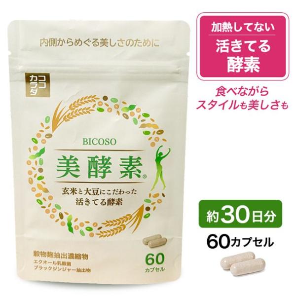 非加熱で、活きてる酵素にこだわった「酵素 サプリメント」。食べるのを楽しみながら、スタイルも美しさも。2カプセル中660mgの活きてる酵素含有の麹酵素。エクオール乳酸菌、ブラックジンジャーも配合「ココカラダ 美酵素 60カプセル」は、非加熱...