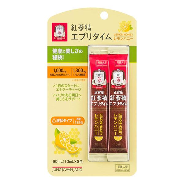 紅参とレモンハニーのスティックタイプ「正官庄 紅参精 エブリタイム レモンハニー 10mL×2」は、紅参エキスとレモンエキスを配合したスティックタイプの健康食品です。■メーカー　韓国人蔘公社ジャパン■区分　健康食品/サプリメント/高麗人参