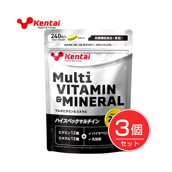 「kentai　マルチビタミン＆ミネラル　600mg×240粒」は、26種類のビタミン＆ミネラルにバイオペリン?、乳酸菌を配合した栄養機能食品(亜鉛)です。プロテインユーザーに必要とされるビタミンB群を高配合。アスリートのカラダをトータルコ...