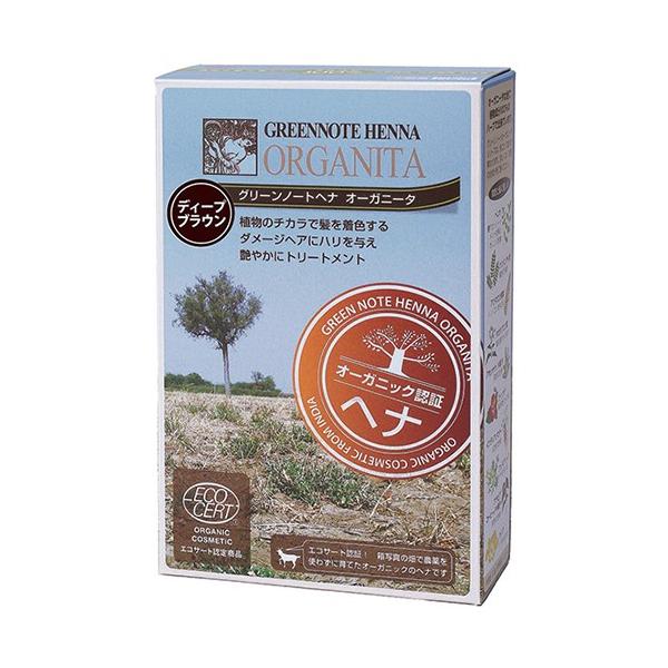 「グリーンノート　ヘナ　オーガニータ　ディープブラウン　早染め・黒茶染め　100g」は、植物成分１００％の自然派のやさしい白髪染めです。フランス・エコサート認証を取得した、オーガニックのヘナです。さらにクオリティを追求し、今まで二度染めが必...
