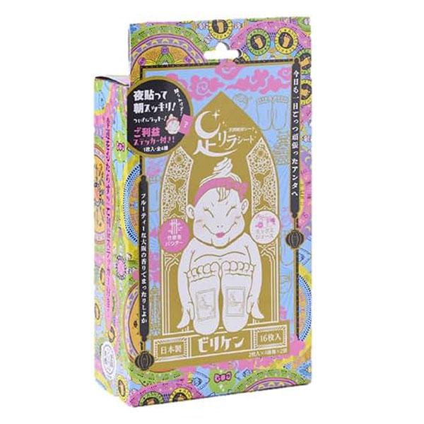 「足リラシート　ビリケン　16枚入」は、原料にこだわり、竹から抽出した竹樹液を使用したフットケア用シートです。就寝前に足裏に貼ることで、翌朝まで心地よく使用できます。使用後は、竹樹液の吸水性によりシートの色が変化するのが特長です。ビリケンと...