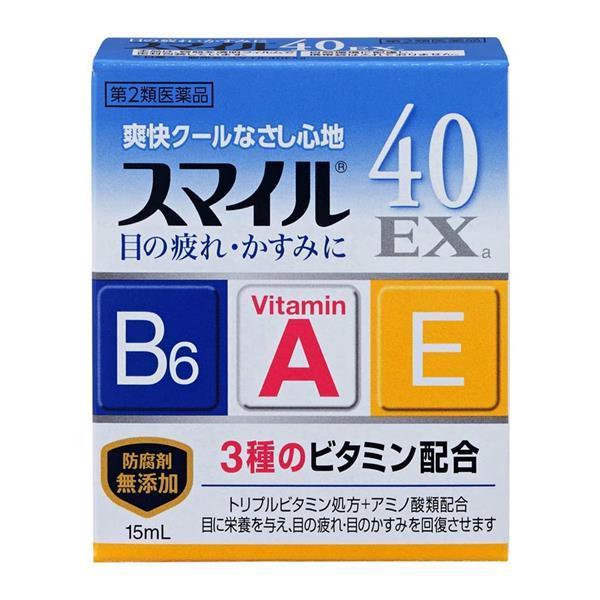 「スマイル40EX　15mL」は、角膜細胞の正常な働きを助ける「ビタミンA」（40EXa・40EXマイルドa：3万単位、40EX クール：1万単位）に加え、「ビタミンE」、「ビタミンB6」を配合。目の疲れ等を改善します。アミノ酸類「L-アス...