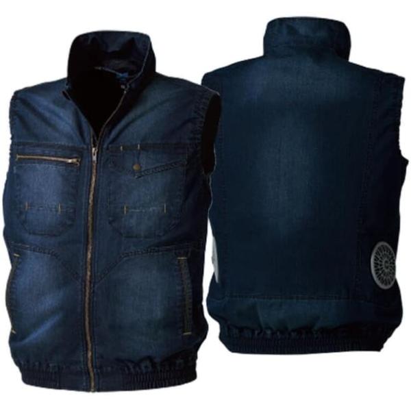【空調服(R) デニムベスト(KU92260)&amp;スターターキット(SKSP02B)セット】裏側に樹脂コーティングを採用し、デニム素材の風合いを残しつつ漏気を防止します。洗い+擦りのほどよいユーズド加工でよりカジュアルライクに着用可能...