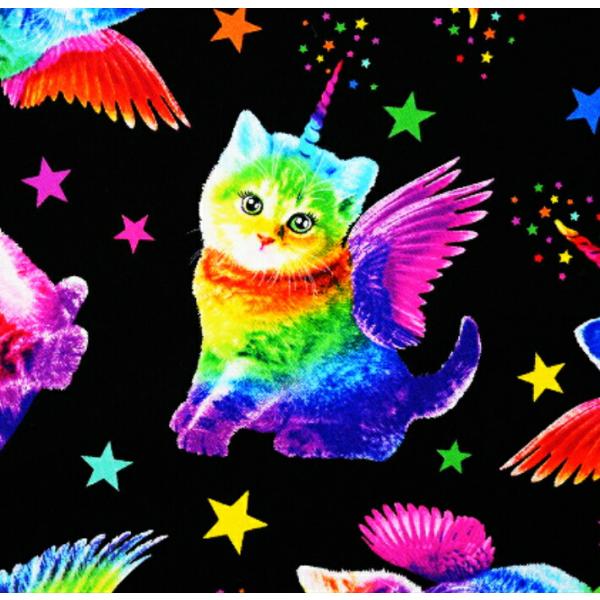 ＵＳＡコットン　Timeless Treasures「キャットコーン」/生地/布/綿/猫/ネコ/ねこ/輸入生地/レインボー/ユニコーン/銀河/