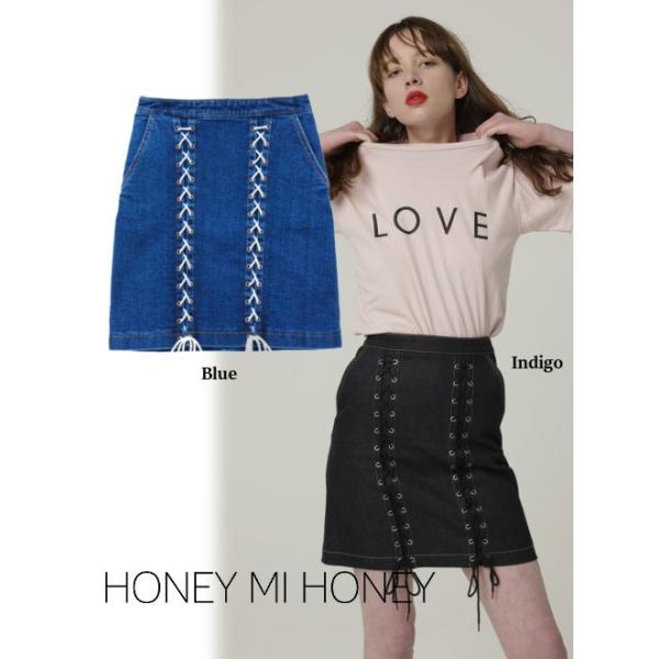 2018春夏. Honey mi Honey (ハニーミーハニー）laceup denim miniskirtフロントにレースアップを配したデニムミニスカート。ストリートライクなコーディネートにもピッタリな台形ミニはデニム素材なのでトップス...