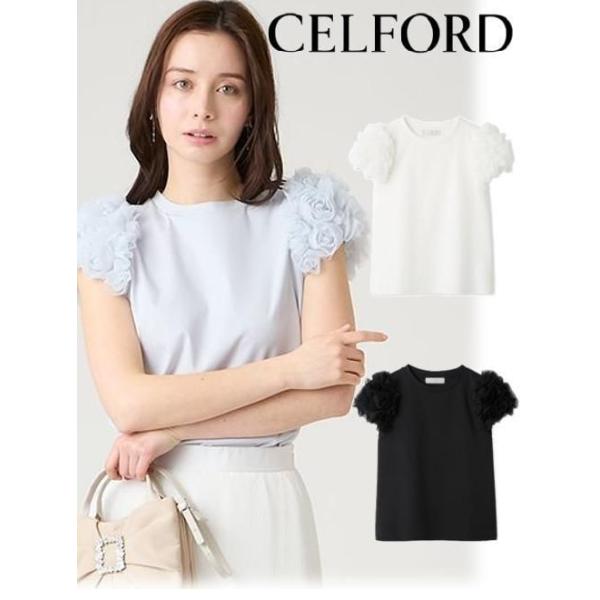 2026春夏. CELFORD (セルフォード)チュールスリーブカットトップス異素材使いのボリューミーな袖が特徴のカットトップス。袖はチュールを使い、薔薇モチーフを組み合わせたオリジナル柄をパーツ刺繍しました。身頃には肌当たりが良く、綺麗な...