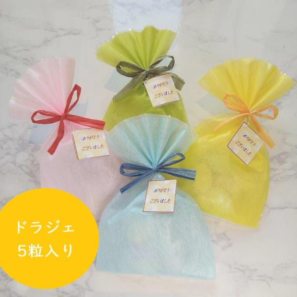 いろいろな色のパッケージがかわいいプチギフト。色のコントラストも素敵です。<本体サイズ>横10ｘ縦15ｃｍ<商品内容>ドラジェ5個入りタグ「ありがとうございました」と記載4色アソート（色の指定はできません）<ア...