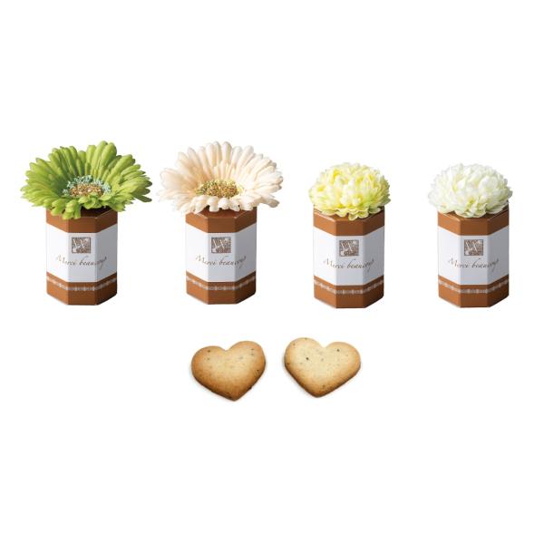 ＜サイズ＞ガーベラ:縦75×横75×高さ85mmポンポンマム:縦48×横48×高さ88mm＜商品内容＞紅茶クッキー2枚【アレルギー表示(小麦・卵・乳成分】<賞味期限>5ヶ月※花の種類は指定出来ません。※使用している造花は輸入品の...