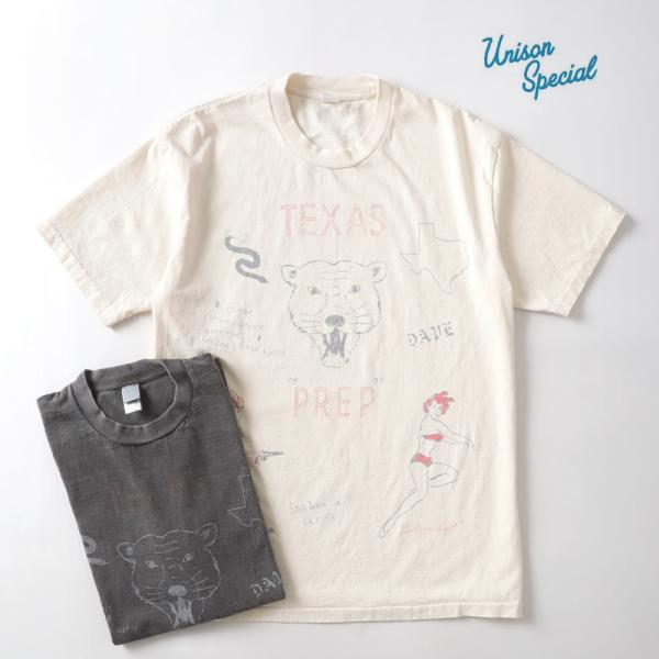 Vintage古着でごくまれに見つかる、ローカルシティにちなんだいわゆるメモリアル系デザインをUnison Specialなりに本気で再現。一枚一枚ハンドで描いたような雰囲気になるよう、プリント手法とボディの加工感を何度もテストを繰り返し完...