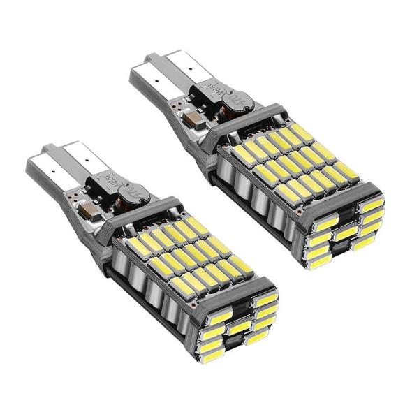 　【T16 LED ホワイト 2個】バックランプとしか使われません。最先端超高発光効率の4014LED素子45個搭載、360°全方位照射でき、CANBUSキャンセラー内蔵で大部分車種はエラーフリー、12V/24V車用T16バルブ2個セット。...