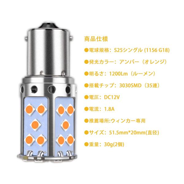 　【製品仕様】電球規格：S25s シングル（ピン角違い 180°）発光カラー：アンバー（オレンジ） 明るさ：1300〜1500Lm（ルーメン） 搭載チップ：3030MD（35連）電圧：DC12V&amp;lt;br&amp;gt;&amp;...