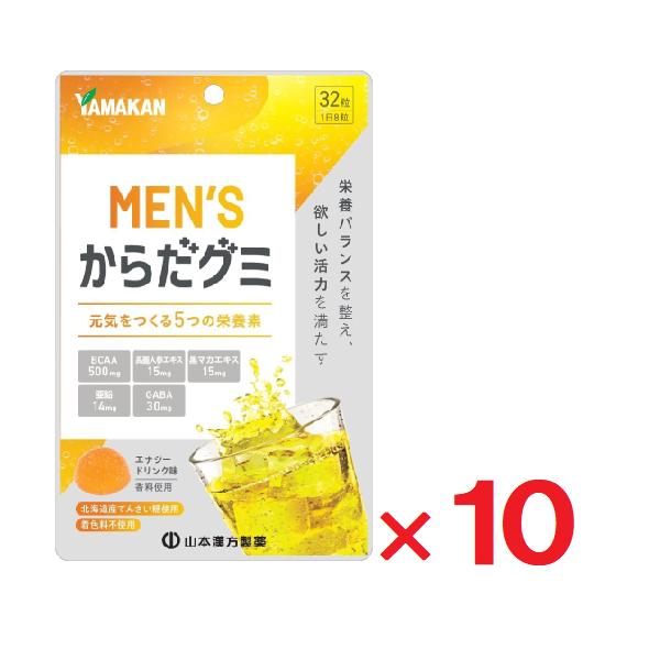 10袋セットです。栄養バランスを整え、欲しい活力を満たす為の美味しいグミです。元気をつくる5つの要素「BCAA」「高麗人参エキス」「マカエキス」「亜鉛」「GABA」配合。てんさい糖使用。着色料不使用で体に優しいグミ。エナジードリンク味。