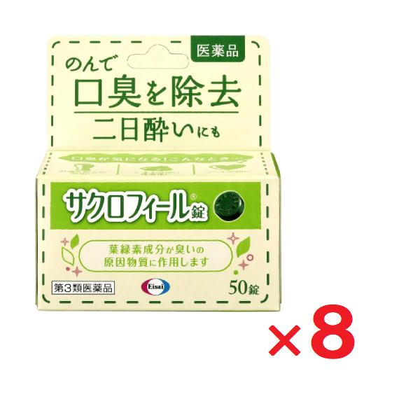 8個セットです。サクロフィール錠は、葉緑素から作られた緑の成分が、体の中で臭いの原因物質に作用し、口臭を取り除きます。