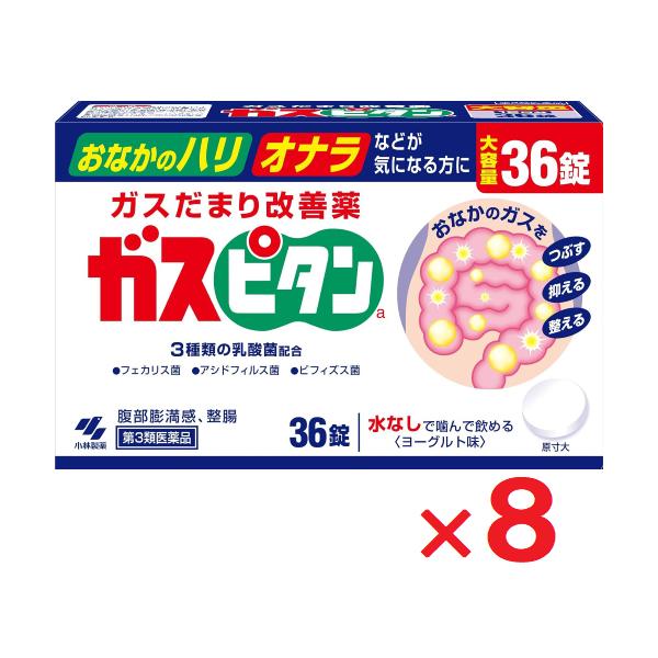 8個セットです。○消泡剤（ジメチルポリシロキサン）が胃や腸内に発生したガスだまりをつぶし、おなかのガスだまり（膨満感）を改善します○3種類の乳酸菌が，おなかの調子を整えます○消化酵素（セルラーゼAP3）が食物繊維を分解し，ガスの発生を抑えます