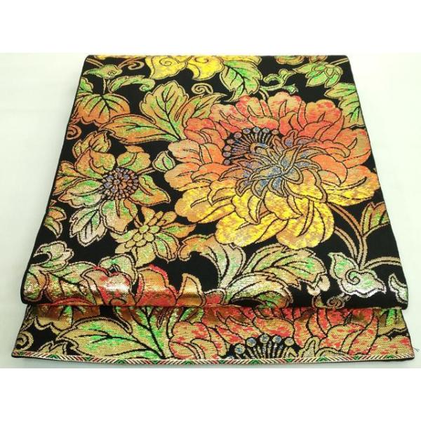 平和屋着物□極上 六通柄 本袋帯 龍村平蔵柄 大牡丹印金 黒地 金糸