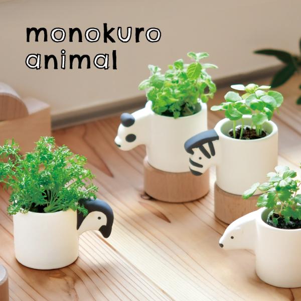 手のひらサイズの陶器製アニマルポットでハーブを育てます。シンプル＆かわいい、白黒モノトーンの仲間たちが集まりました。控えめな装飾だからこそ細部にこだわり、動物たちの表情や形を丁寧にデザインしています。素材の風合いをそのままいかしてざらりとし...