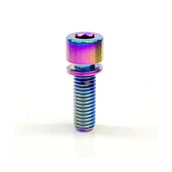 チタン/M5/70858・パッケージ個数:1・ステムやボトルケージ用のチタンボルトです。 ステンレスや鉄と見分けがつきやすいように、虹色の焼きをつけて高級感、チタンらしさを表現しました。