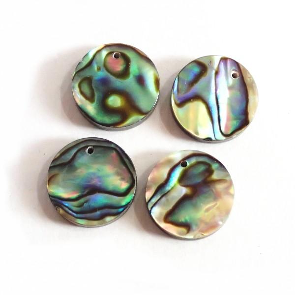 シェル（貝）　アバロン　トップホール　１３mm　４個/１パック天然素材ですので、個性があります。どちらも、キラキラ光るように裏表２枚を張り合わせています。そのために厚みも3mm程度あります。
