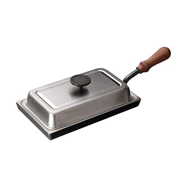 つまみ・木 1-2人用 ・【サイズ】全長42×幅16×高さ9.5cm（蓋含む） 焼き面　約幅25×奥行14.5×深さ2cm　【重さ】約2.4kg(蓋含む)・【素材】本体:鉄(シリコン塗装)底厚4.5mm ハンドル:天然木(オイル仕上げ) 蓋...